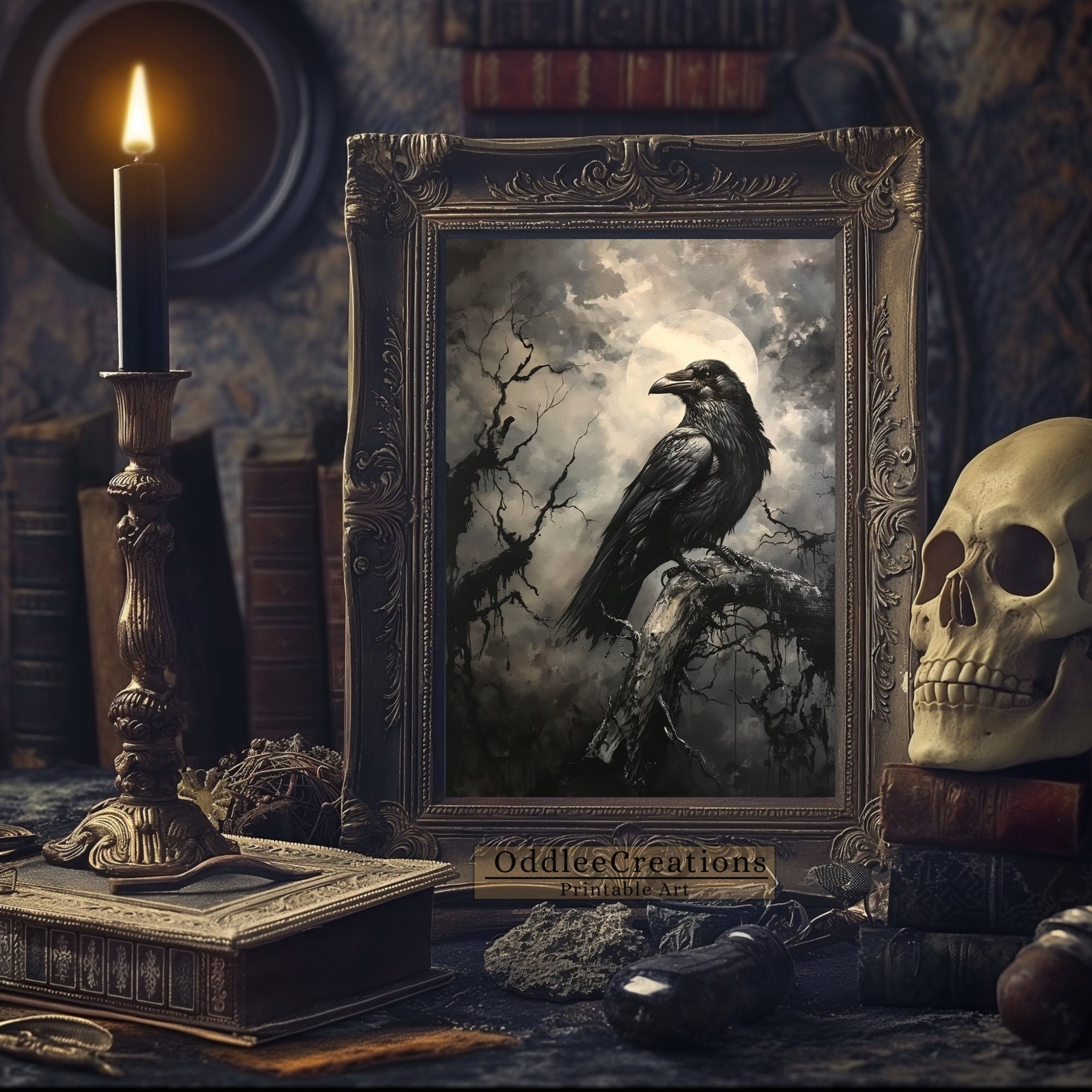 Moonlit Crow Scene - Digital Oil Painting for Unique Gothic Wall Decor ...