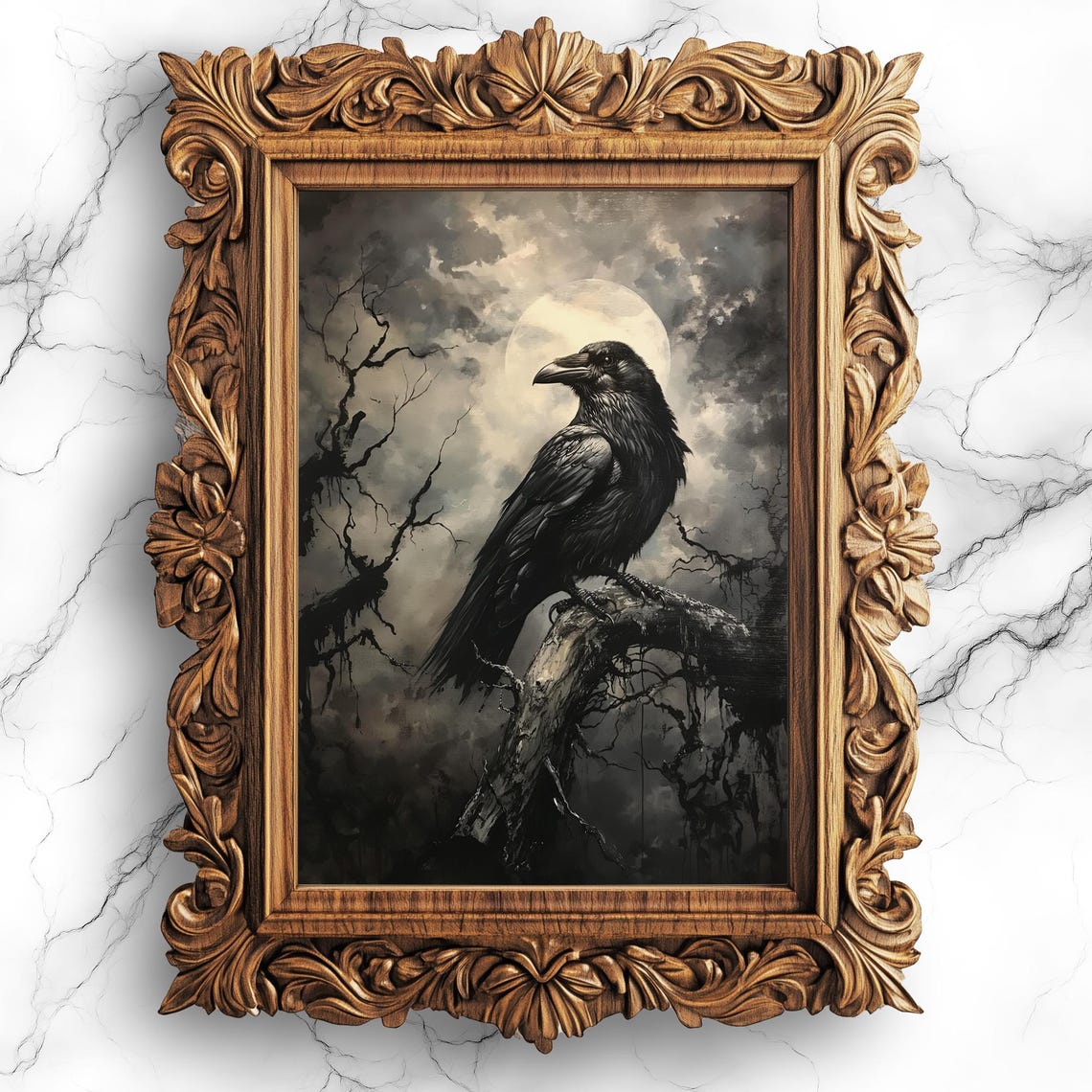 Moonlit Crow Scene - Digital Oil Painting for Unique Gothic Wall Decor ...