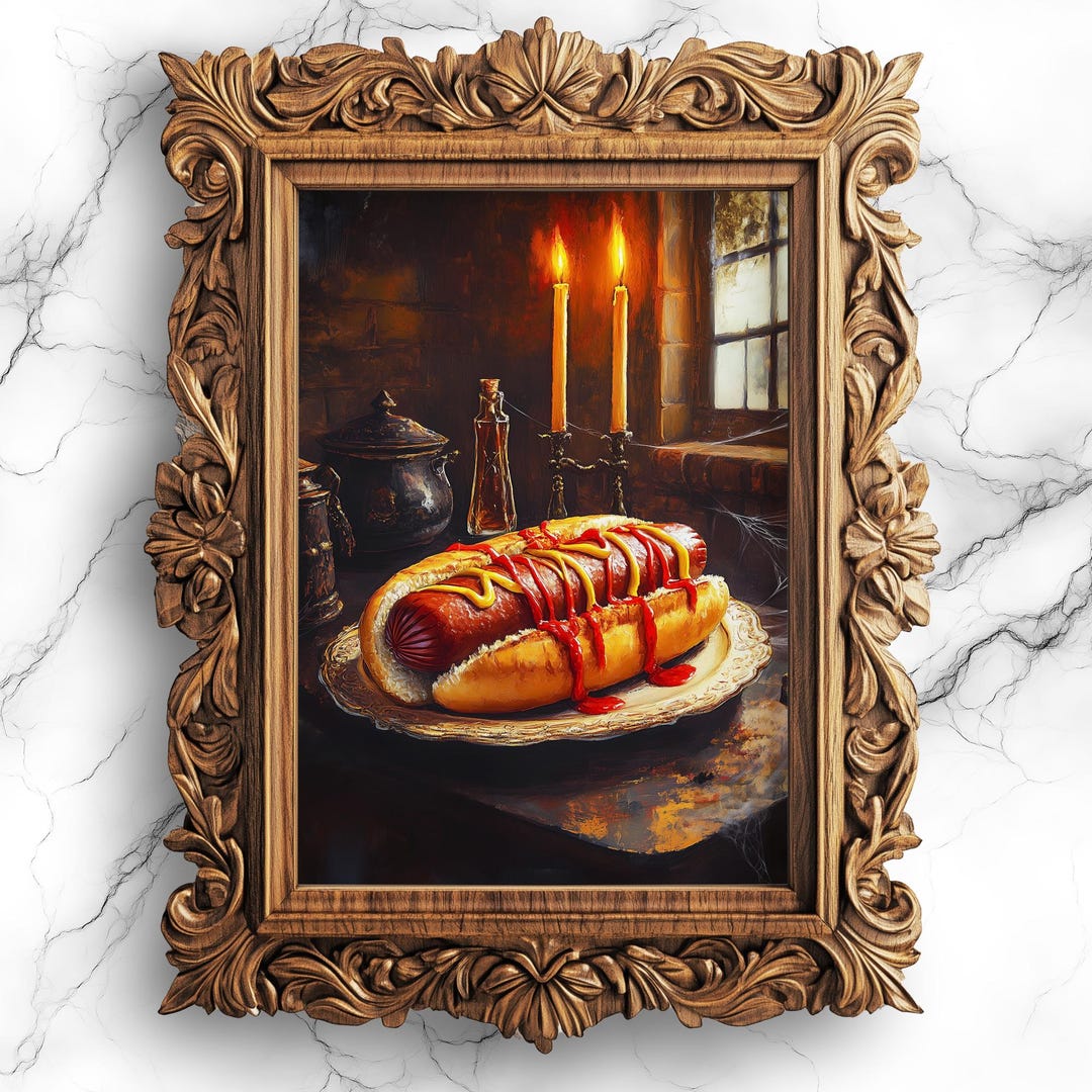 Dark Academia Food Art Print - Hotdog in Spooky Kitchen, Gothic Wall ...