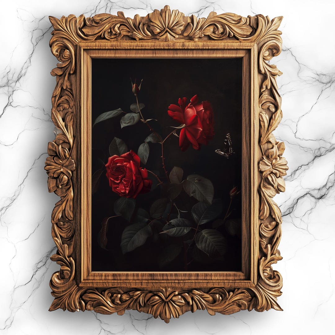 Red Roses Digital Portrait Painting Romantic Floral Art, Elegant Home ...