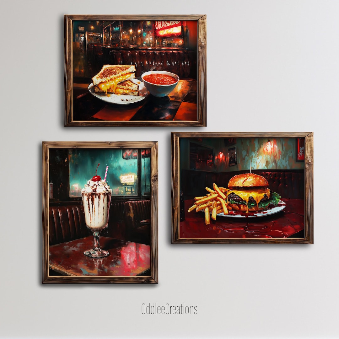 Ghostly Retro Diner Art Set - Creepy Food Prints, Grilled Cheese ...