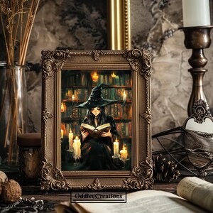 Witch in Library Reading a Spell Book | Digital Download Art ...