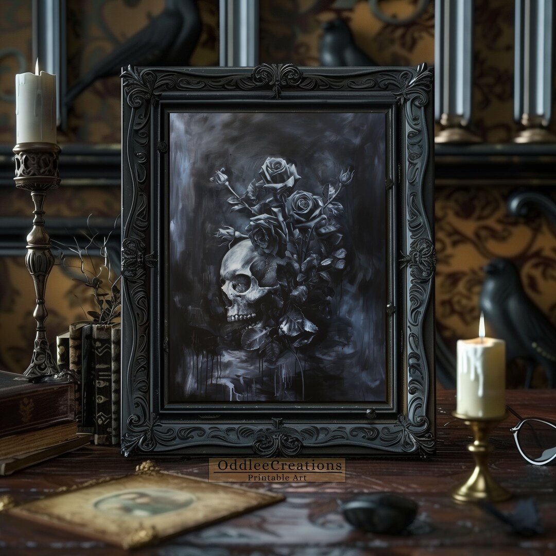 Skull With Black Roses Oil Painting Gothic Wall Art Dark Floral Décor ...