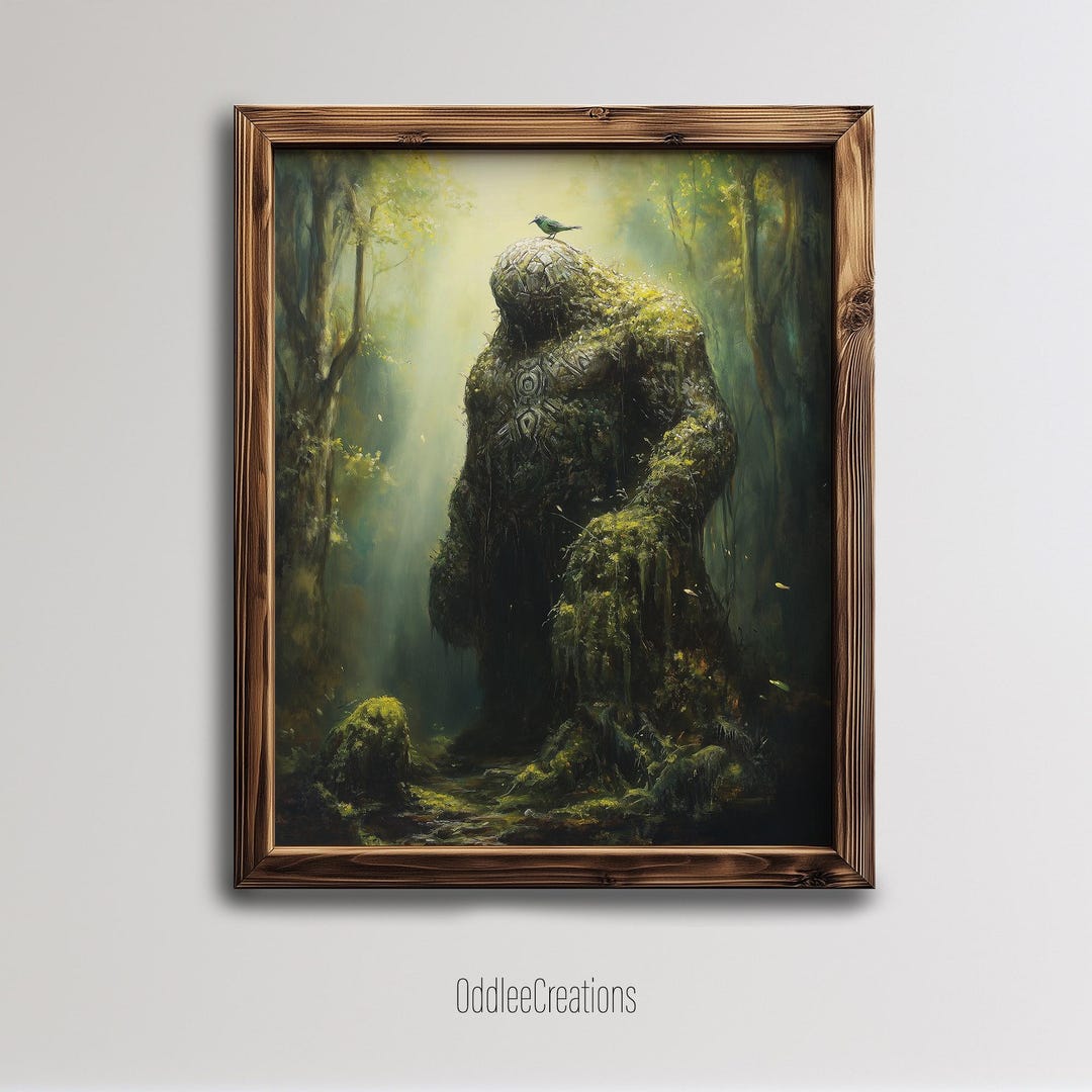 Ancient Rock Golem Oil Painting Printable Art, Mystical Forest Wall ...