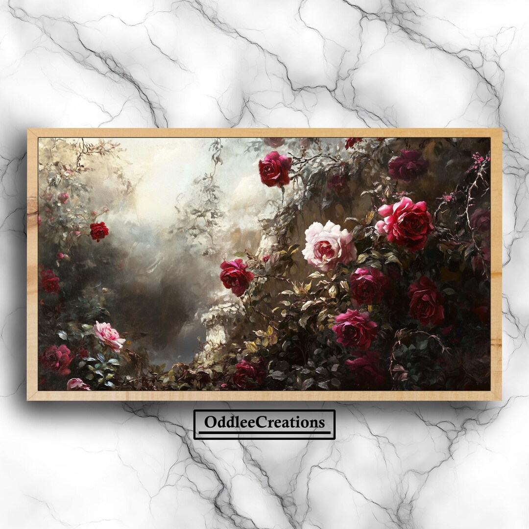 Vintage Dark Academia Rose Garden Art Moody Overgrown Roses and Misty ...