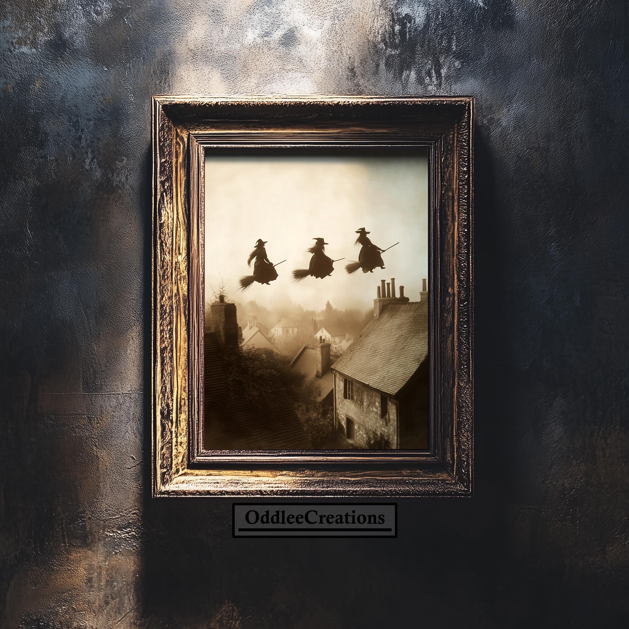 Vintage Photograph of Witches Flying Over Village | Digital Download ...