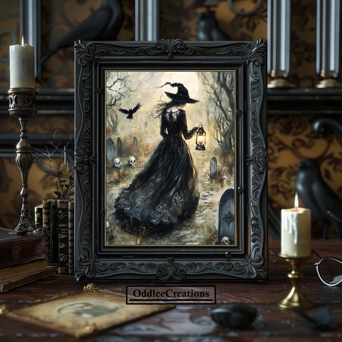Witch Walking in Graveyard With Lantern Digital Art Gothic Witchy Wall ...