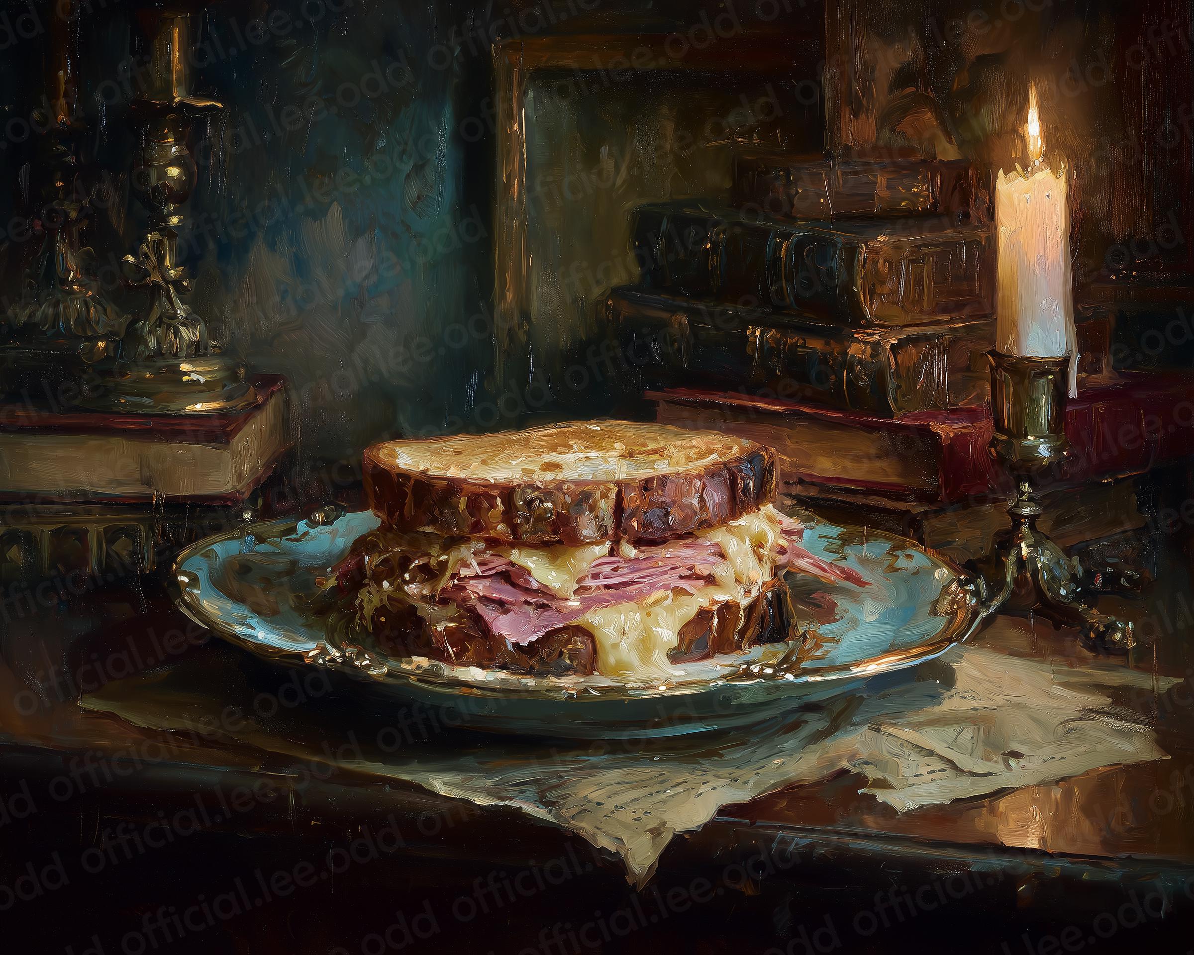 Reuben Sandwich Kitchen Wall Art Printable Oil Painting Style Dark ...