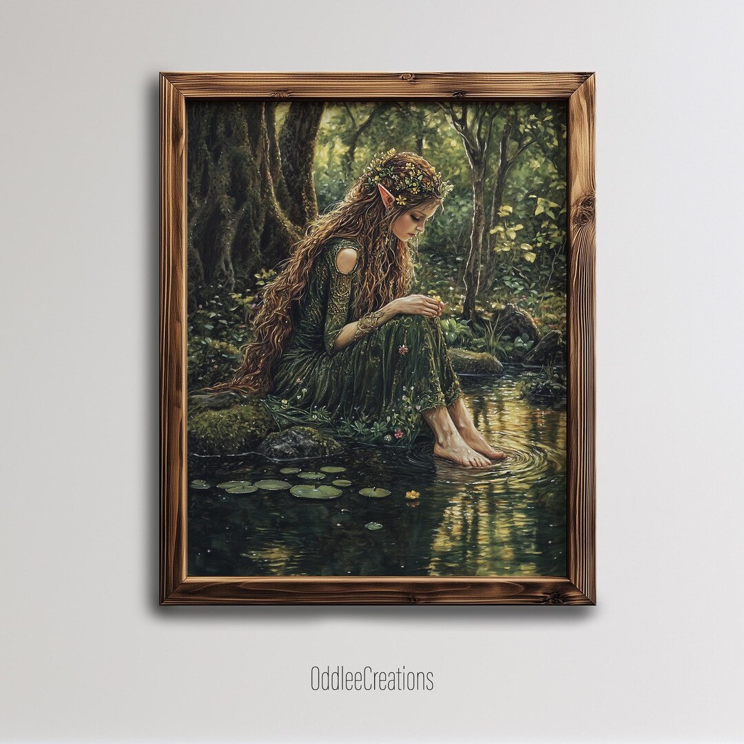 Elf by Enchanted Pond Artwork – Mystical Forest Spirit Digital Print ...
