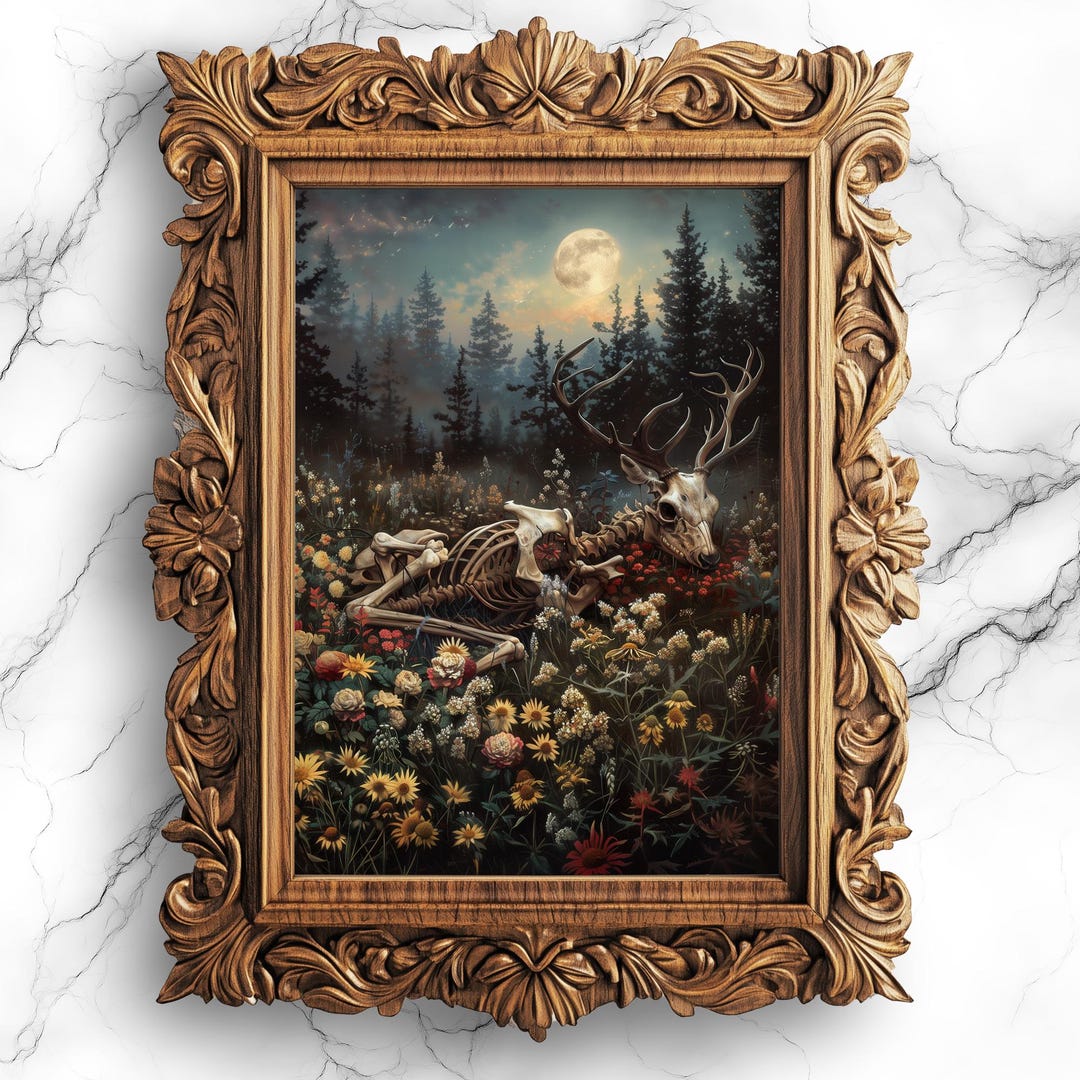 Moonlit Decomposing Deer Digital Poster - Dark Floral Art Print for ...