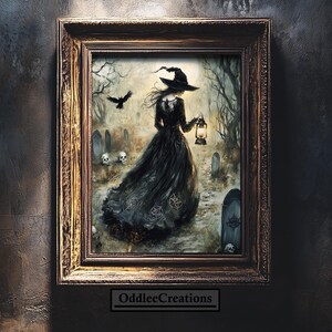 Witch Walking in Graveyard With Lantern Digital Art Gothic Witchy Wall ...