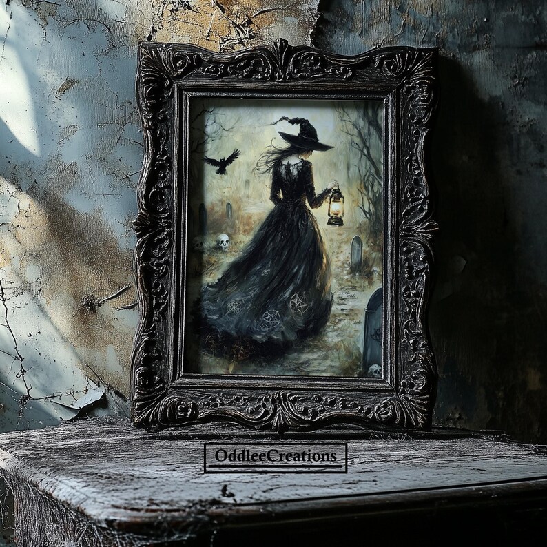 Witch Walking in Graveyard With Lantern Digital Art Gothic Witchy Wall ...