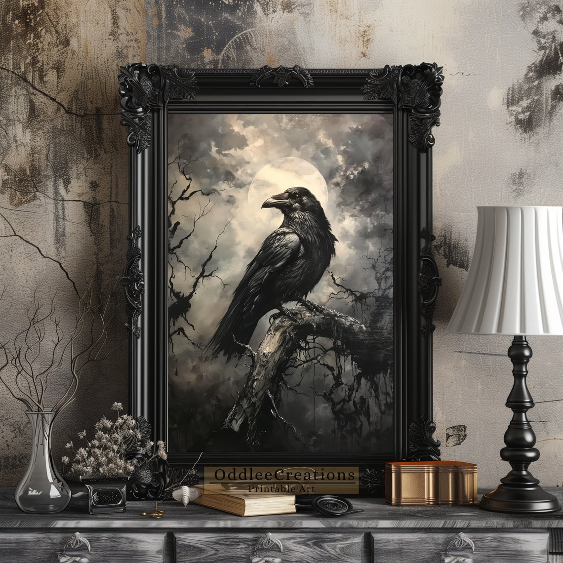 Moonlit Crow Scene - Digital Oil Painting for Unique Gothic Wall Decor ...