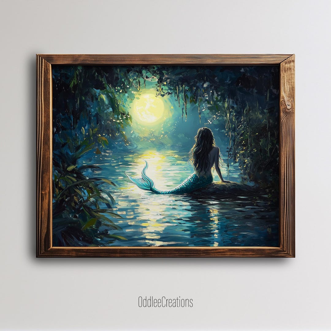 Mermaid Moonlit Cove Printable Art, Digital Mermaid Oil Painting ...