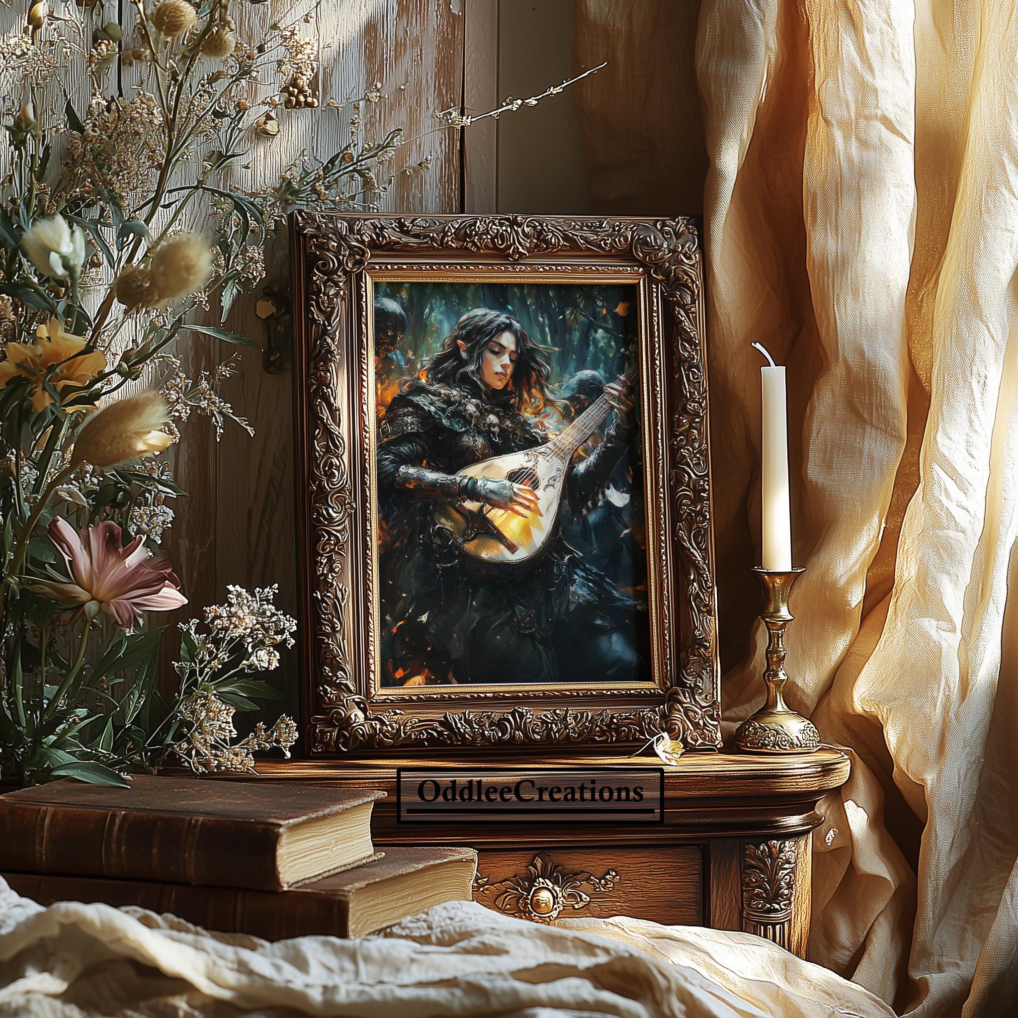 Magical Bard Battle Digital Print, Glowing Lute Fantasy Scene - Dark ...