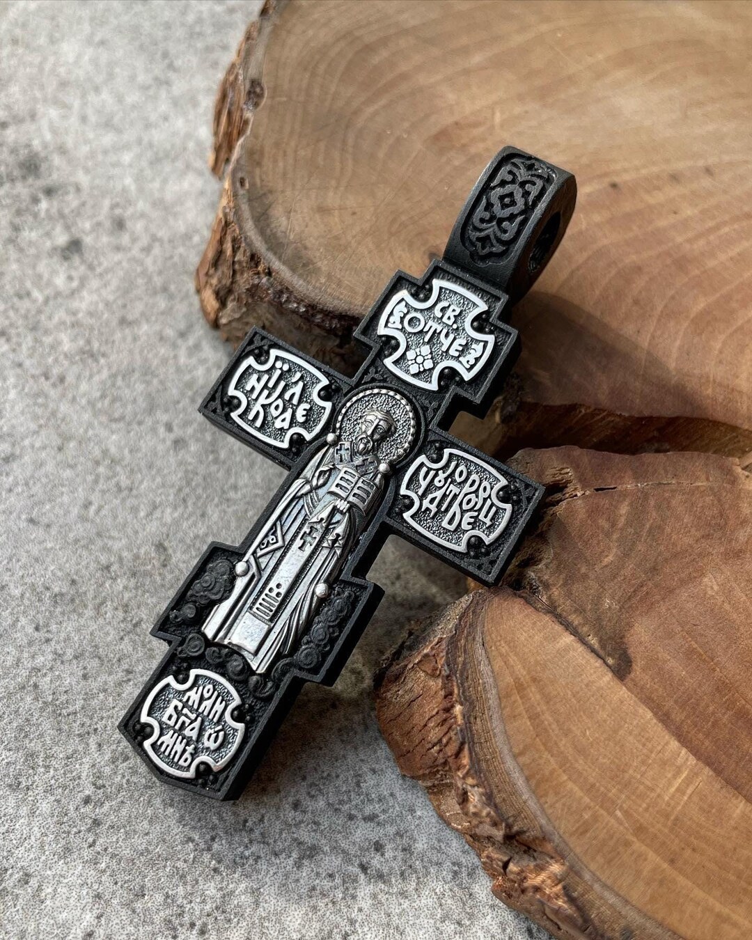 Ebony Wood Cross Pendant St. Nicholas the Wonderworker Orthodox ...