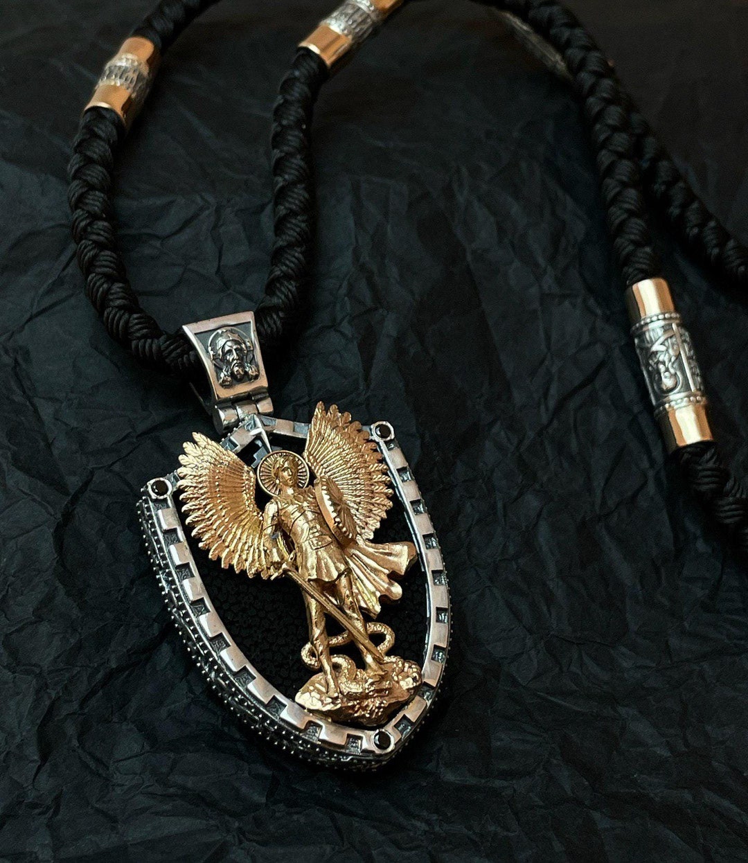 Archangel Michael Gold Silver Pendant With Silk Lace Necklace Orthodox ...