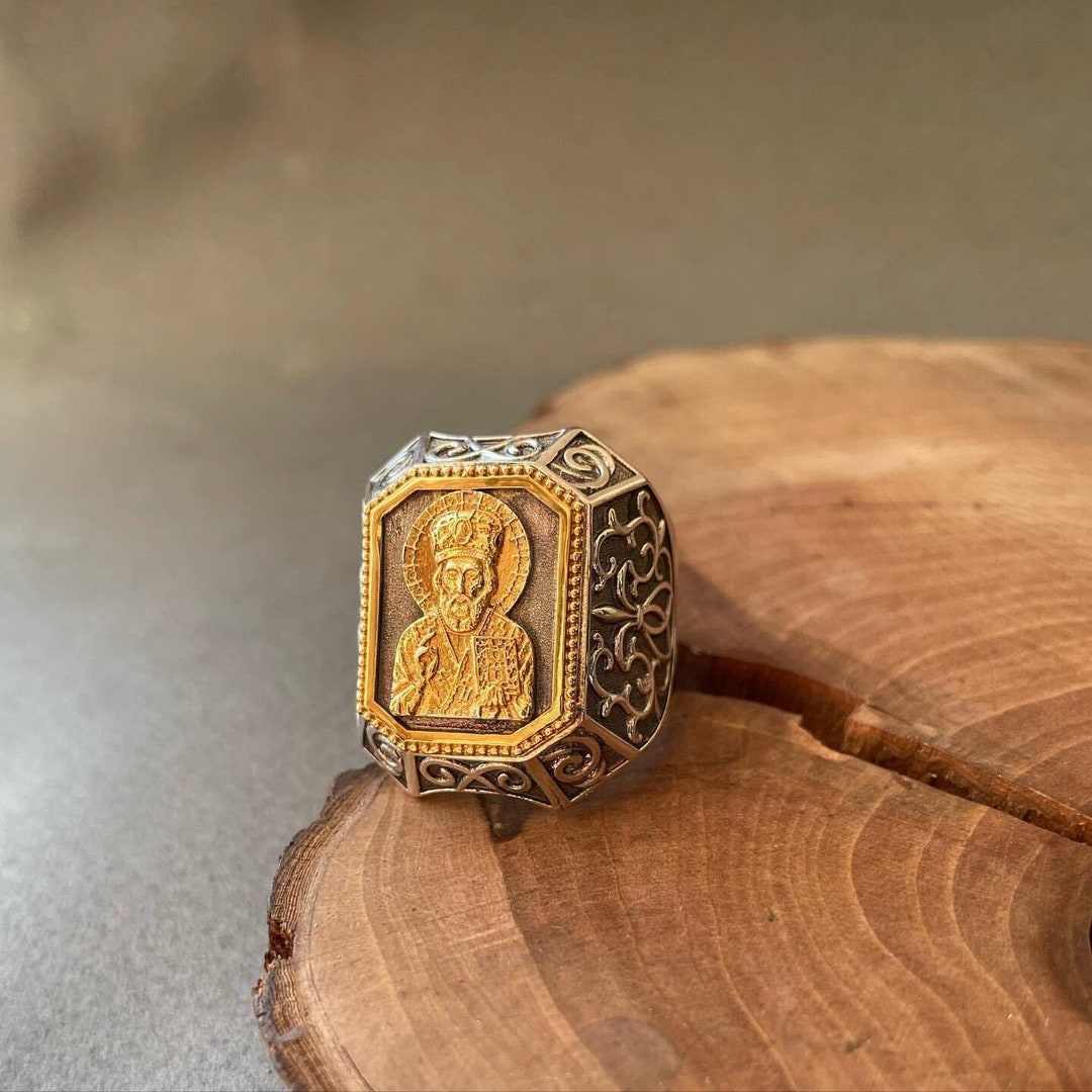 925 Silver & Gilding Orthodox Men's Ring With Icon St. Nicholas ...