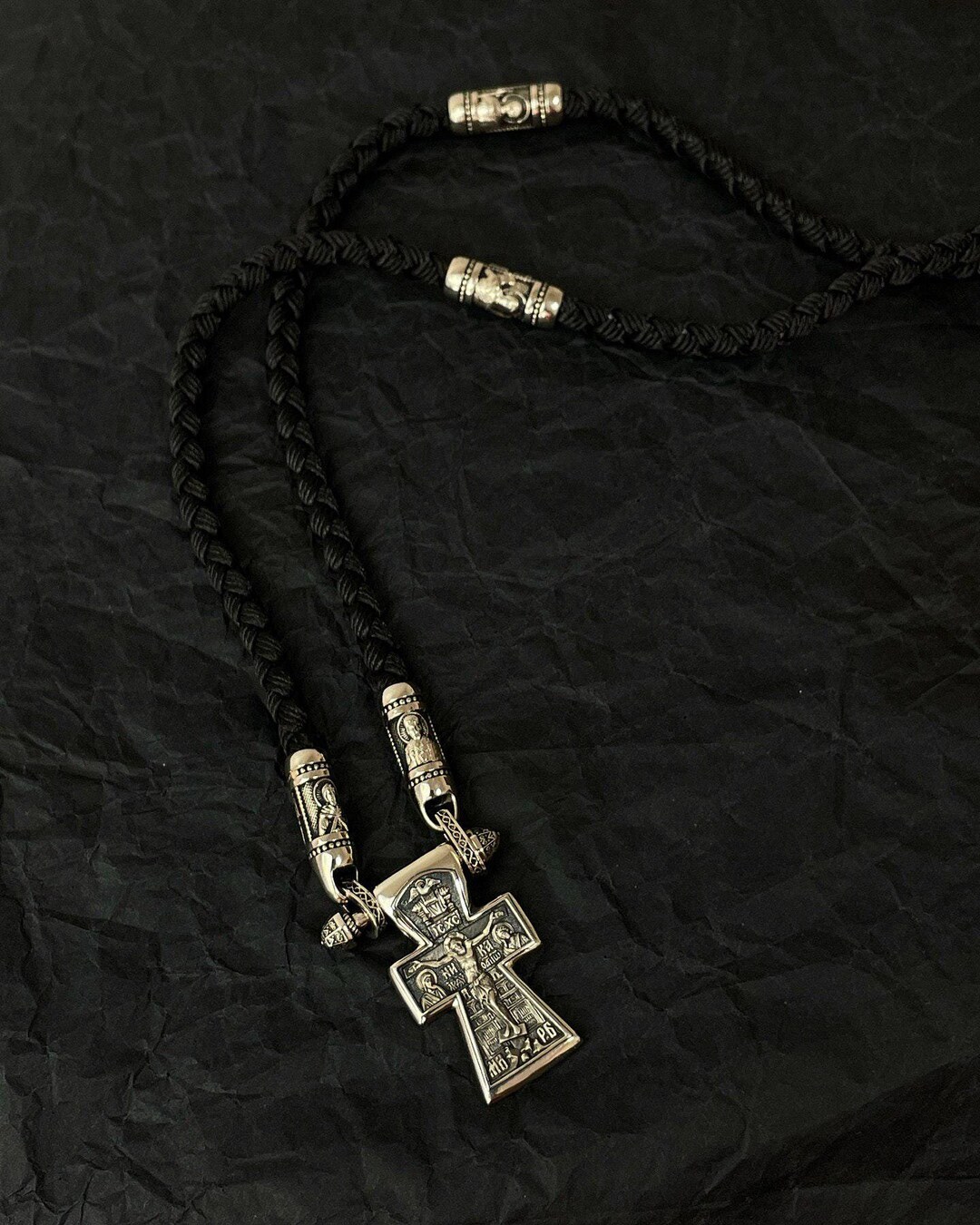 925* Silver Orthodox Jesus Crucifix Cross Pendant & Silk Lace With ...