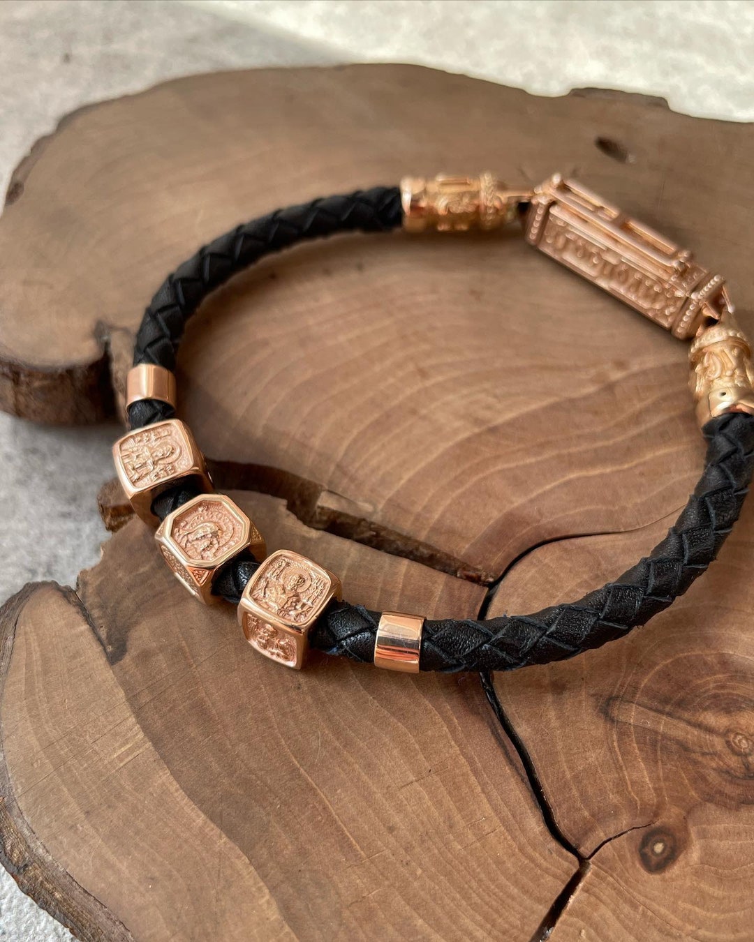 Orthodox Leather and Gold Bracelet Christian Jewerly Prayer Bracelet ...