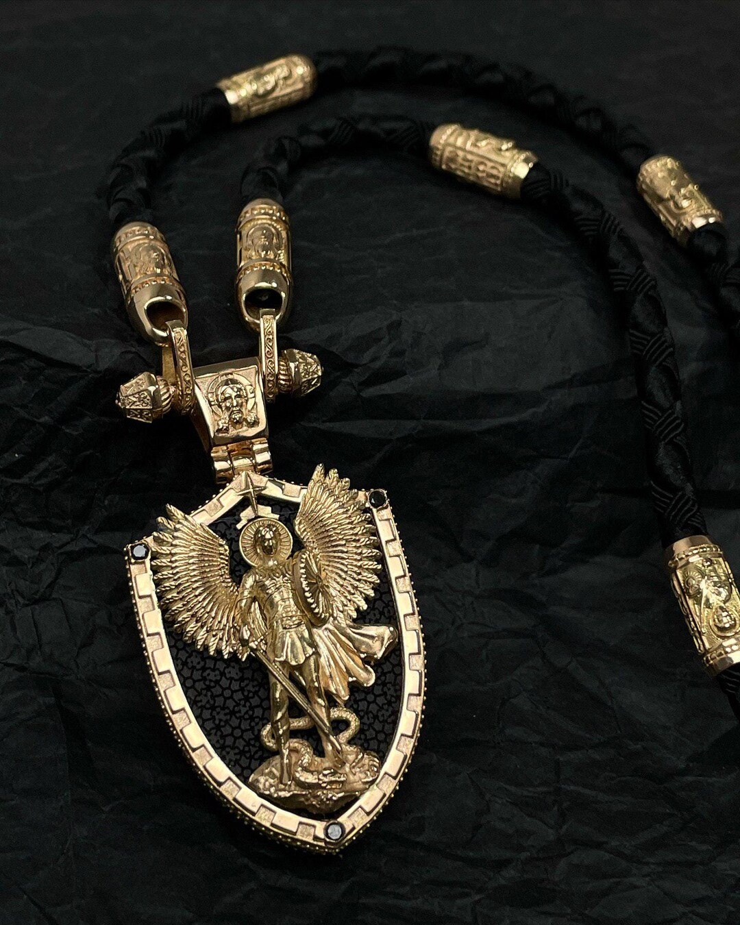 585* Gold Archangel Michael Pendant With Silk Lace Necklace Orthodox ...