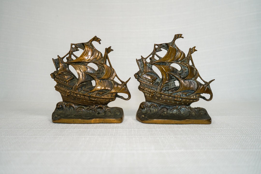 Vintage Pair of Cast Bronze Sailing Ship Bookends, Two Brass Nautical ...
