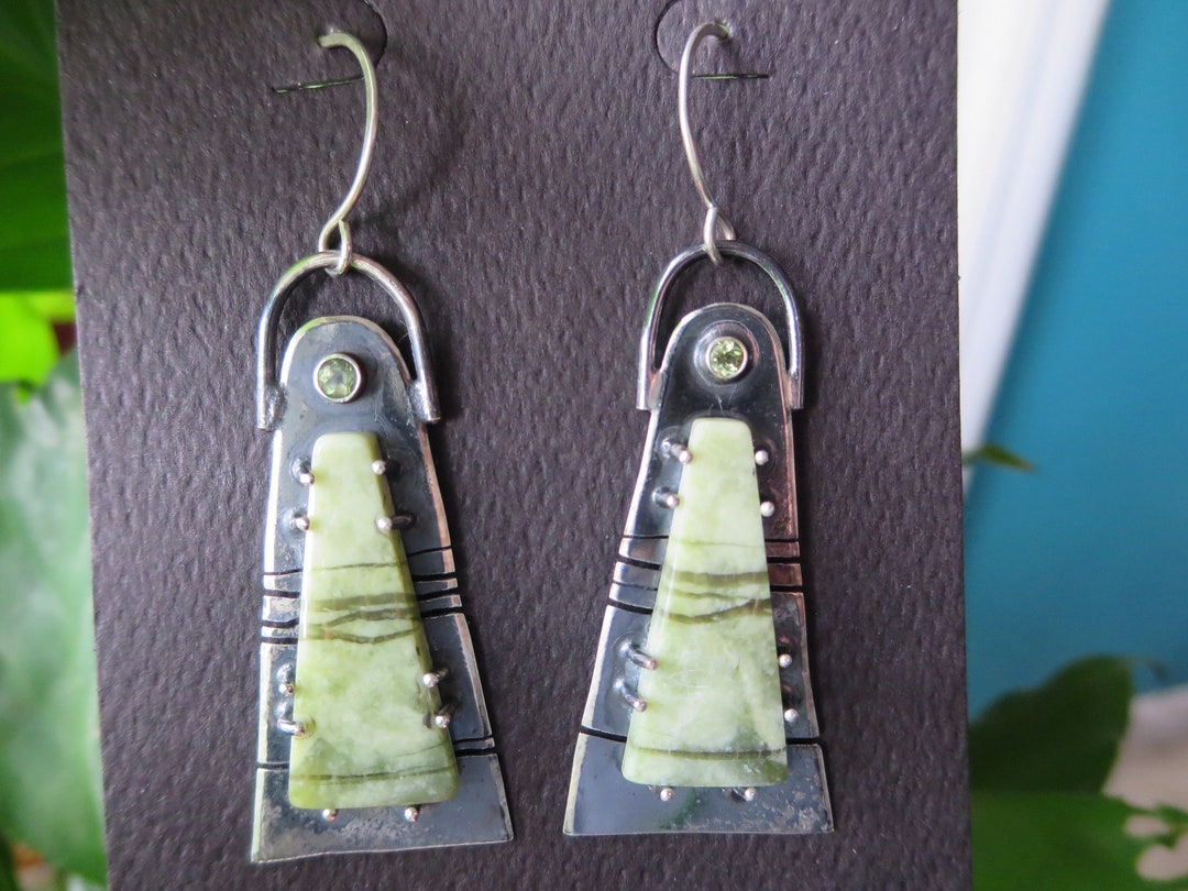 Sterling Silver Petrified Wood Earrings: Brutalist Larsonite Peridot ...