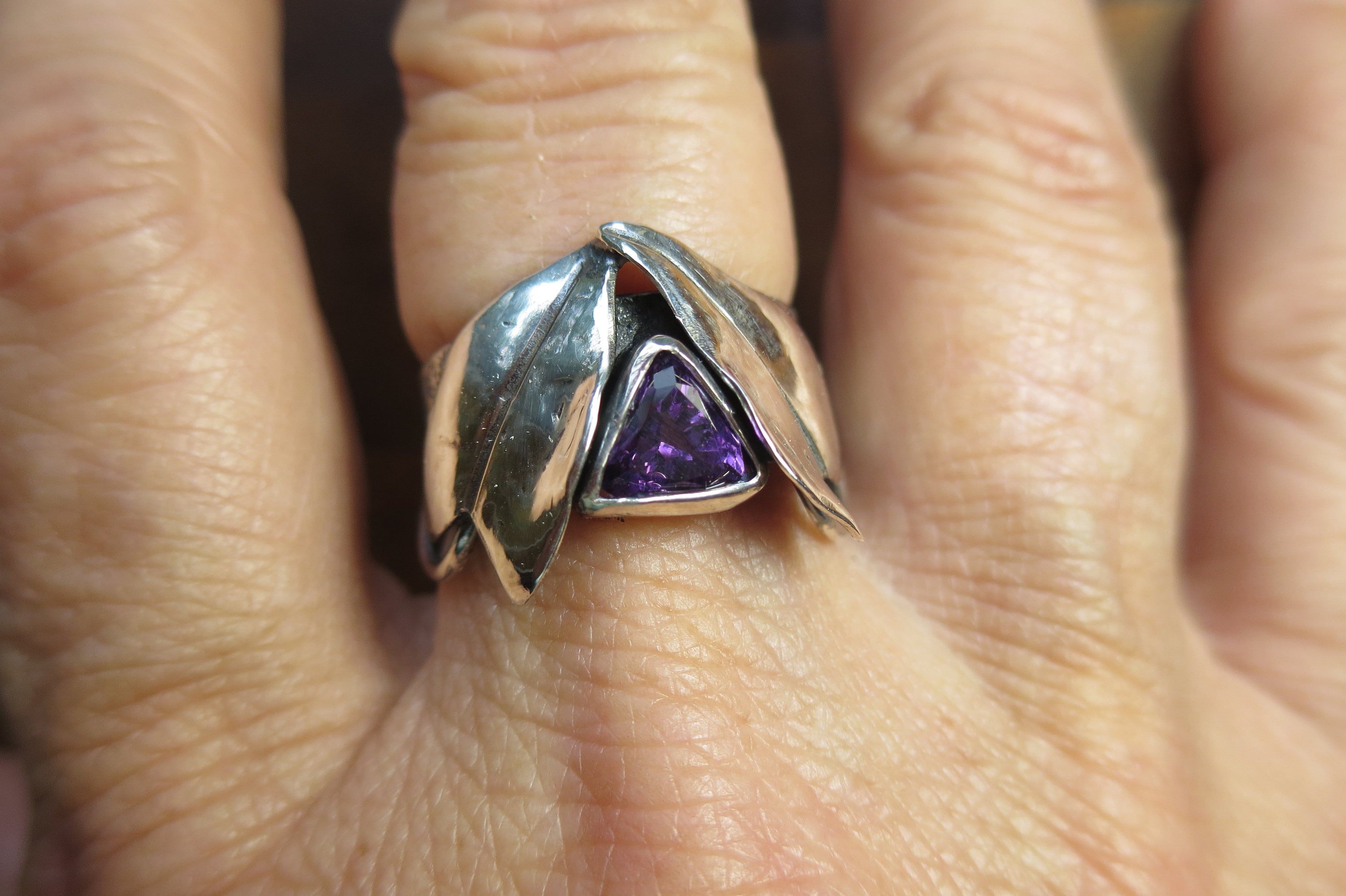 Textured Silver Caladium Leaf and Amethyst Trillion Size 6 Ring ...