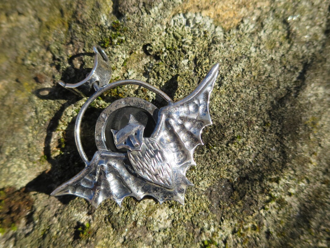 Stunning Large Sterling Silver Brutalist Bat Swivel Pendant, Hematite ...