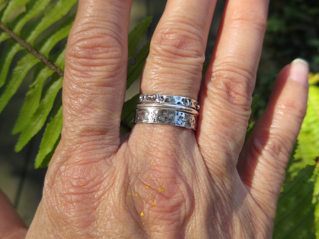 Sterling Silver Brutalist Stacking Ring Set, Textured Silver Rings, Mixed Metal Hammered Rings ...