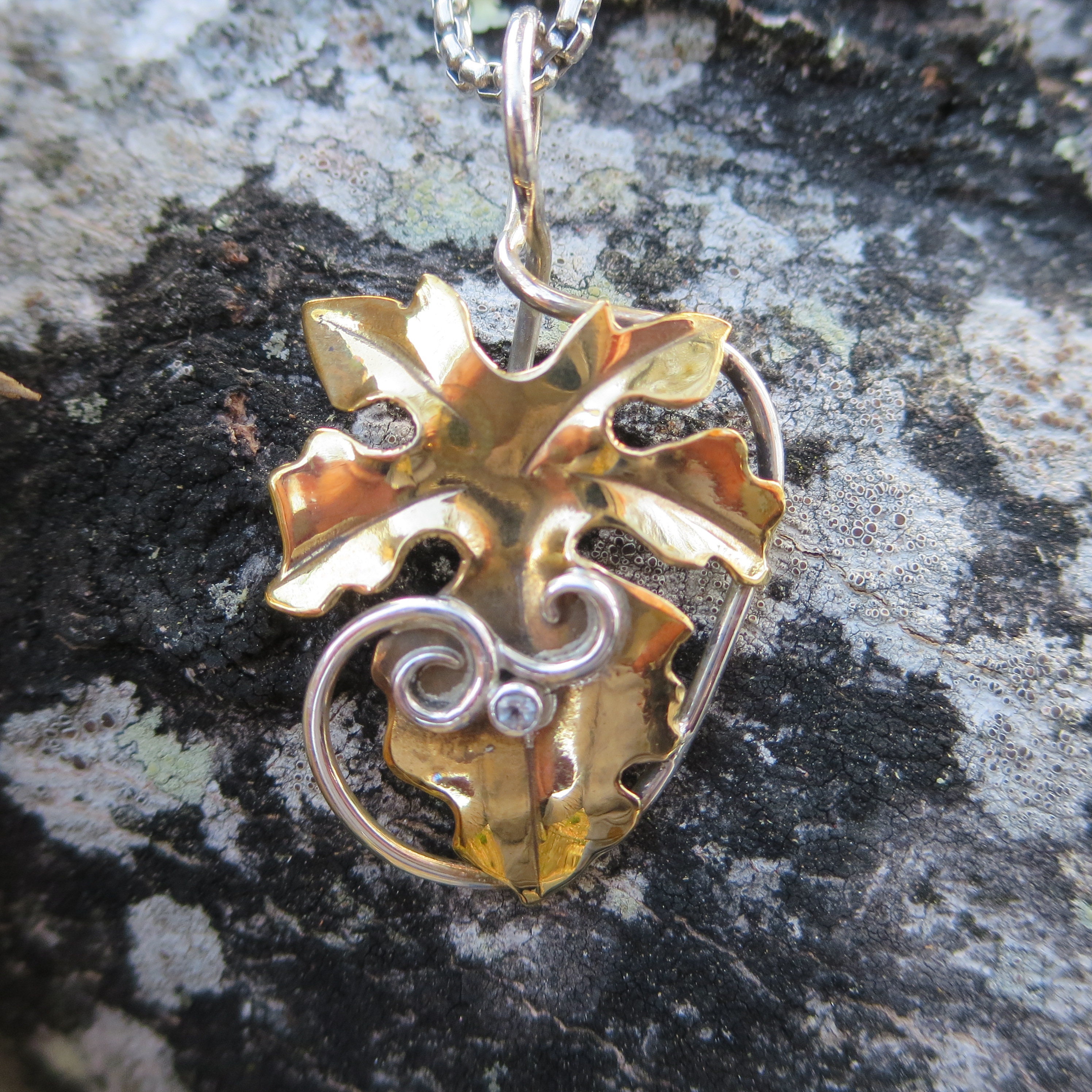 Fiddle Leaf Fig and Tendril Pendant, Nu Gold and Sterling Silver ...