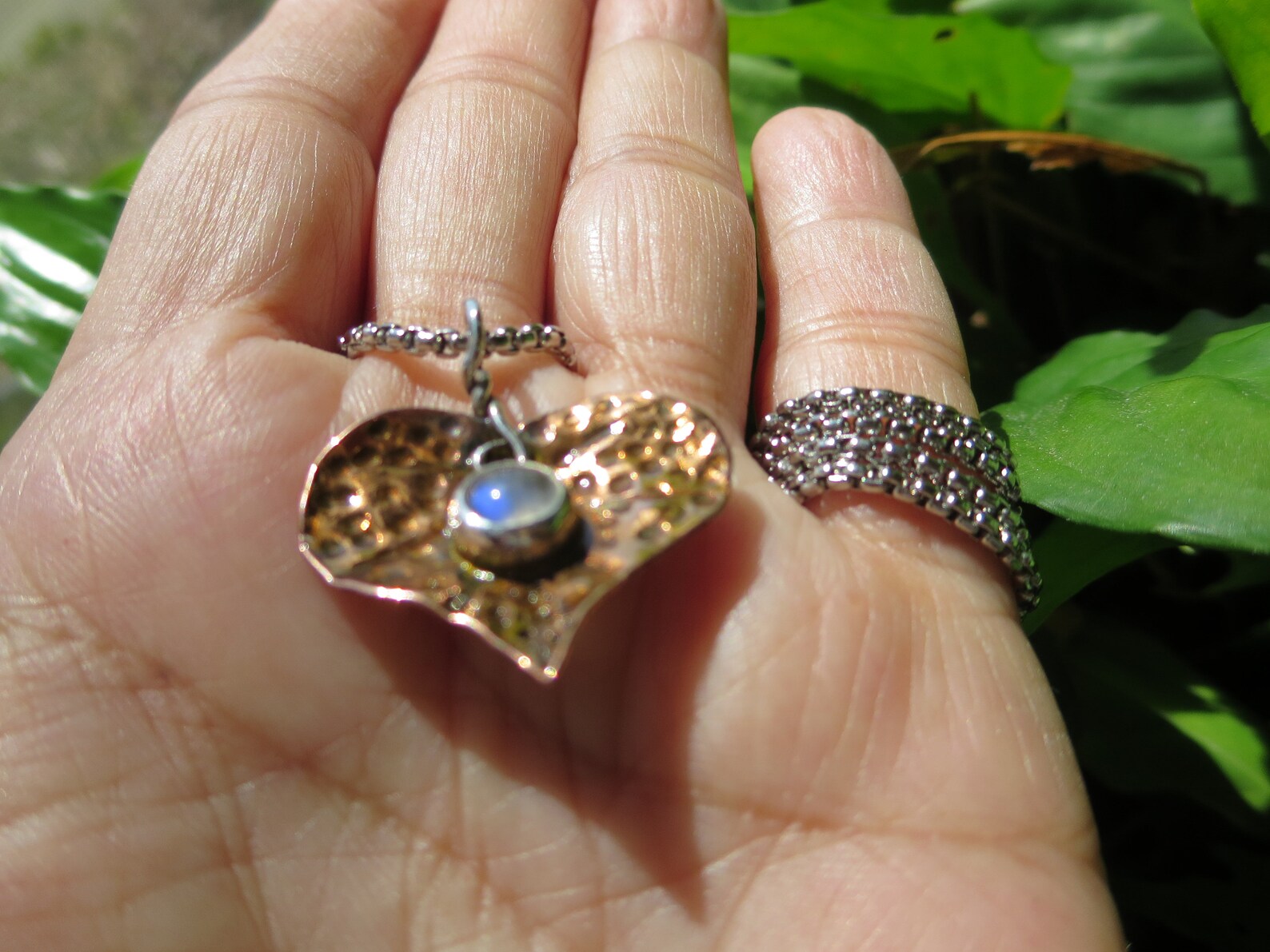 Textured Copper Heart Leaf With Rainbow Moonstone Pendant, Copper ...