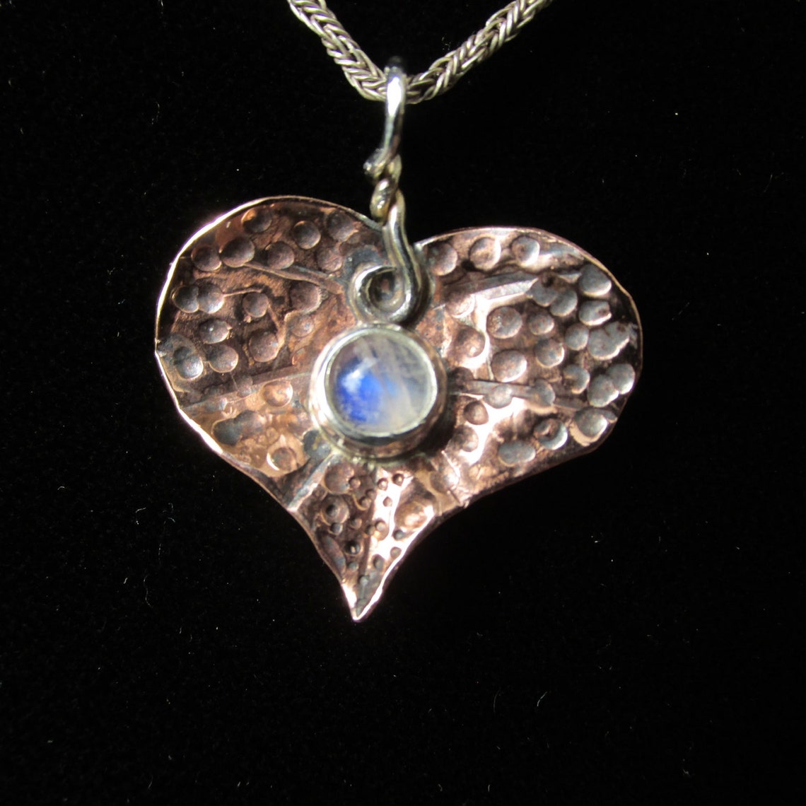 Textured Copper Heart Leaf With Rainbow Moonstone Pendant, Copper ...