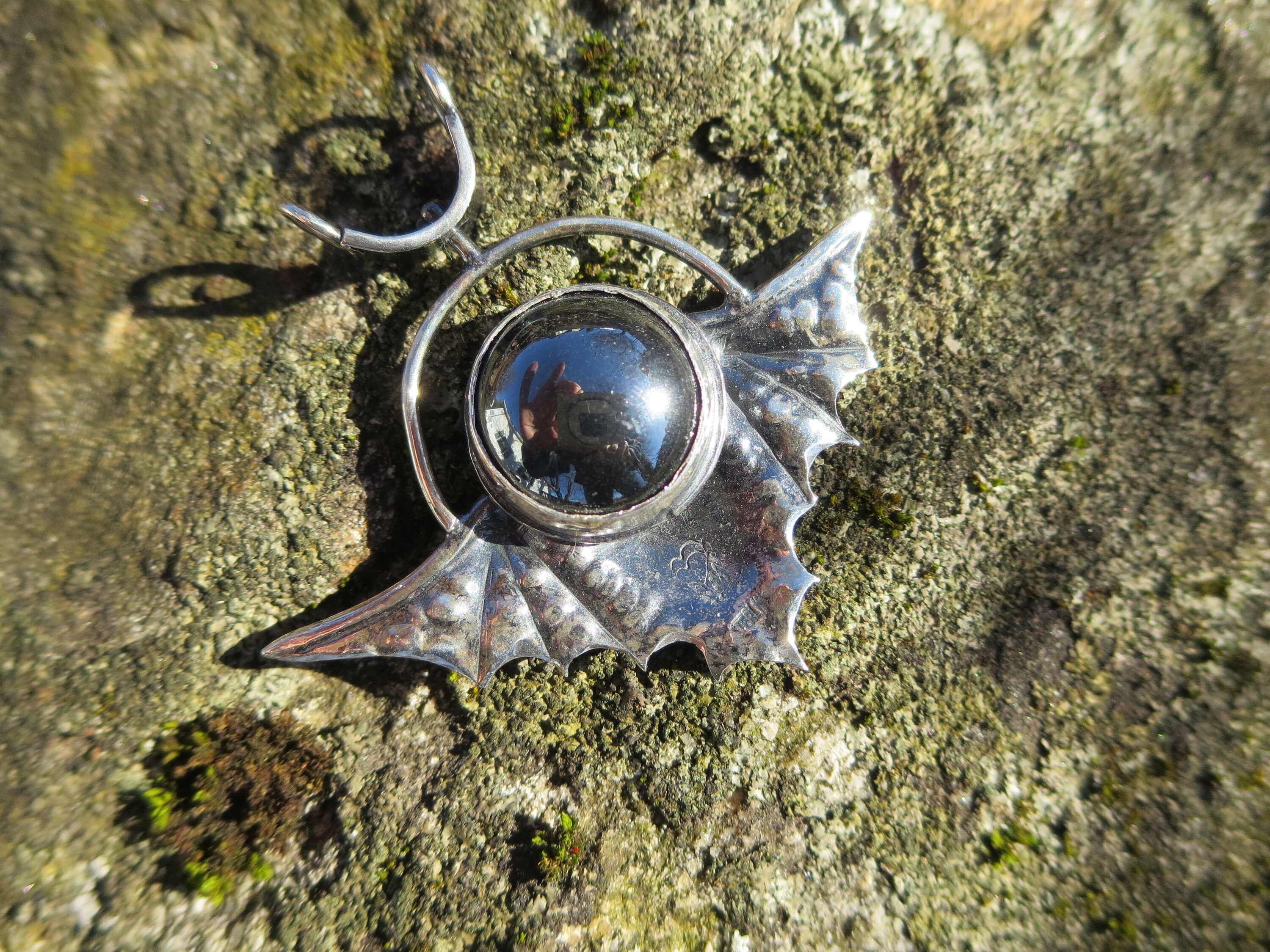 Stunning Large Sterling Silver Brutalist Bat Swivel Pendant, Hematite ...