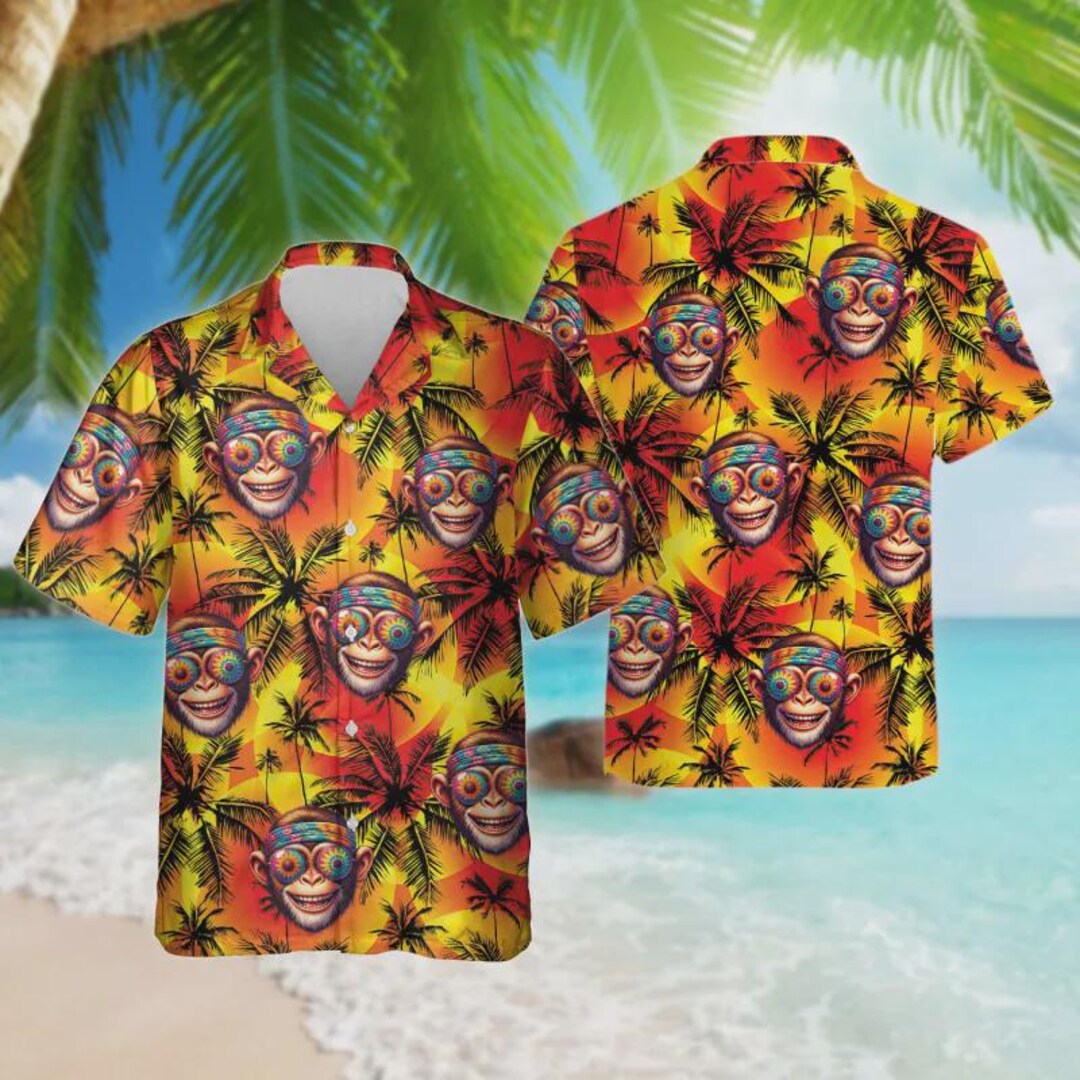 Hippie Monkey Hawaiian Shirt for Men Women, Tropical Palm Tree Short ...