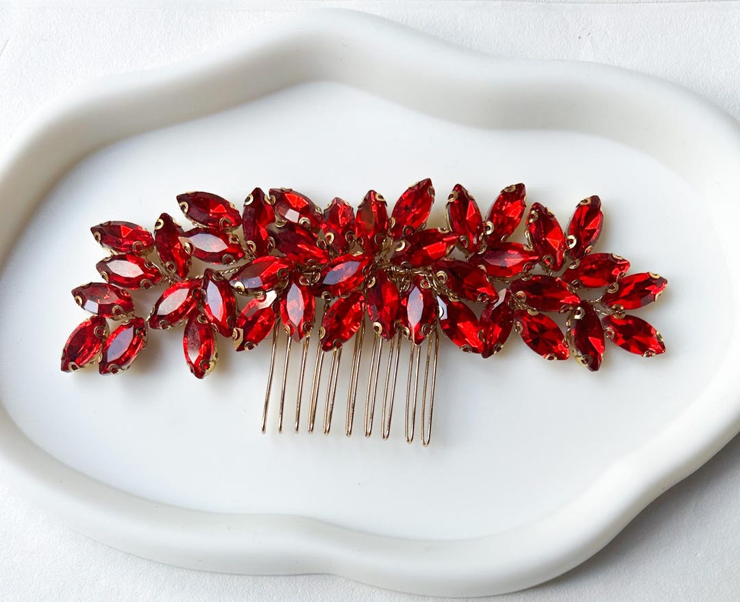 Decorative Vibrant Red Rhinestone Hair Comb | Wedding Bright Red Gold ...