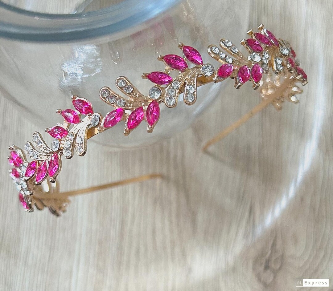 Pink Rhinestone Headband: Fuchsia Gold Crystal Hair Accessory - Etsy UK