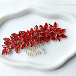 Decorative Vibrant Red Rhinestone Hair Comb | Wedding Bright Red Gold ...