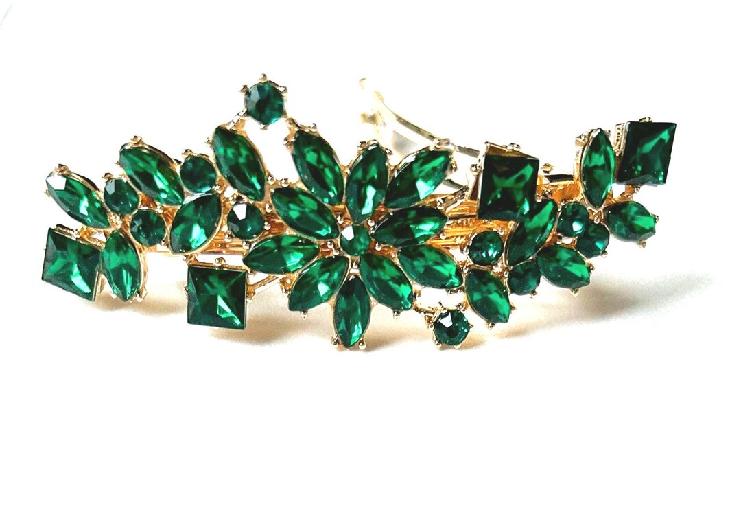 Emerald Green Flower Crystal Hair Barrette, Wedding Dark Green Gold ...