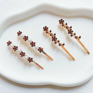 Dark Red Crystal Flower Hair Pins, Wedding Sparkly Burgundy Gold Bobby ...