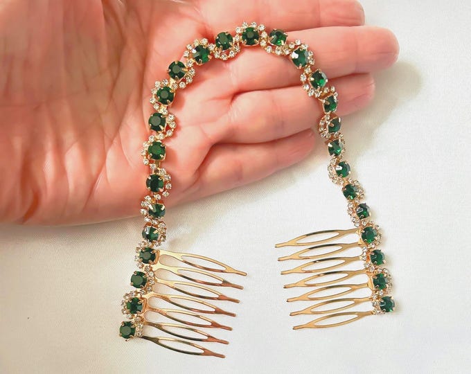 Emerald Crystal Bridal Hair Comb: Gold Chain Hairslide, Dark Green ...