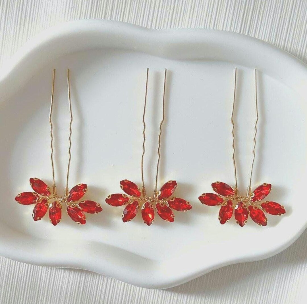 Vibrant Red Hair Pins, Wedding Bright Red Crystal on Gold Hairslides ...