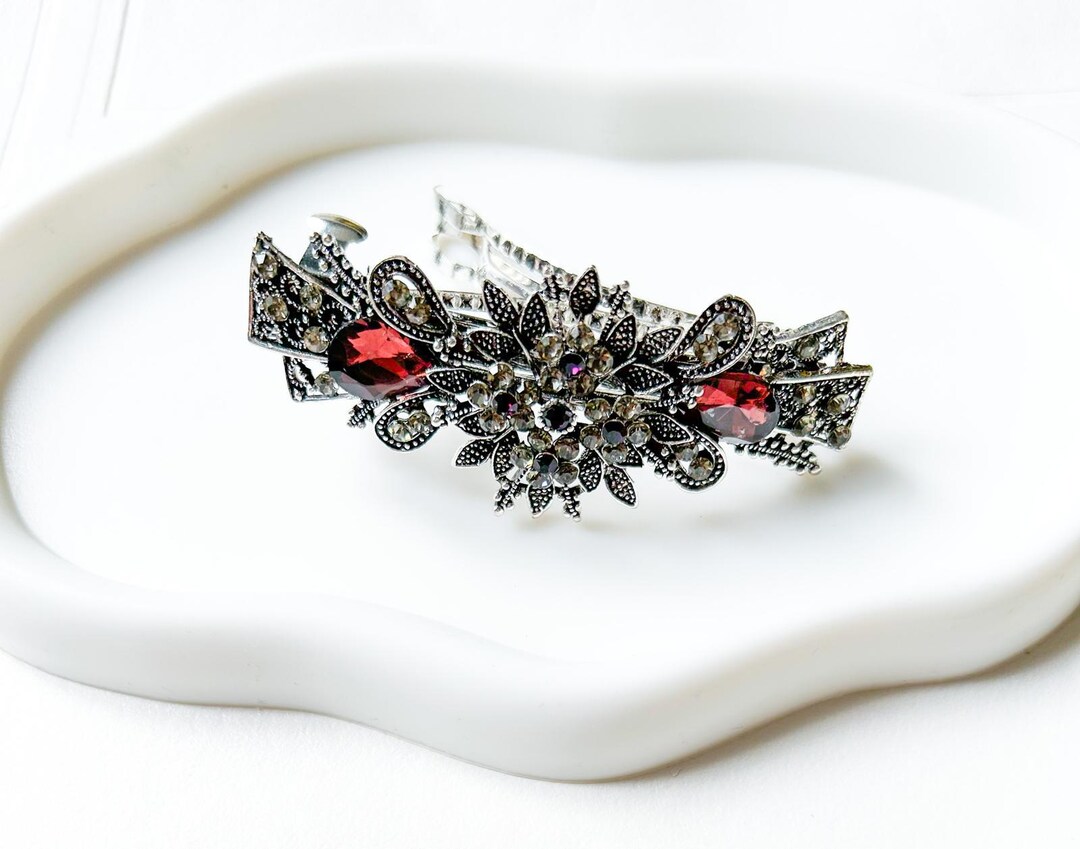 Antique Flower Dark Red Crystal Hair Barrette, Burgundy Rhinestone on ...