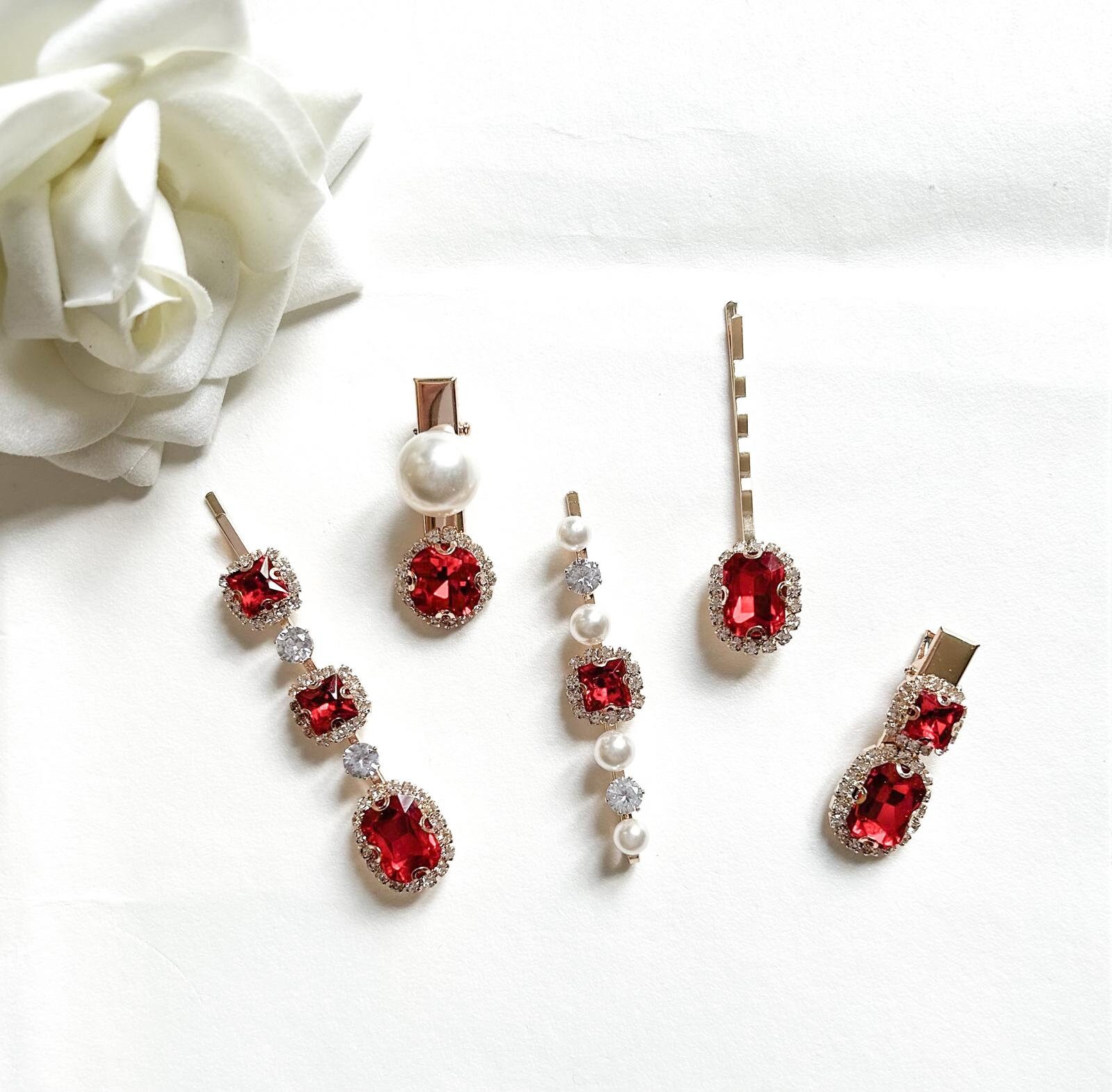 Red Crystal Pearl Hair Pins: Gold Bridal Hair Accessories, Set of 5 - Etsy