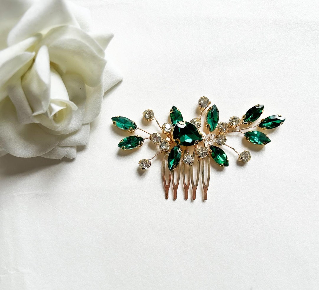 Emerald Green Rhinestone Hair Comb: Gold Floral Wedding Hair Accessory ...