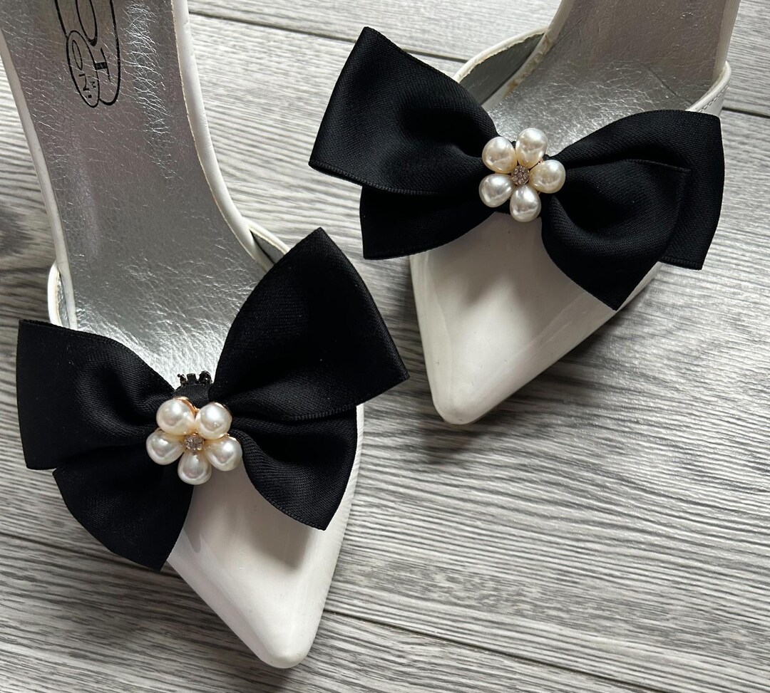 Women Black Bow Shoe Clips, Wedding Funeral Black Bow Pearl Shoe ...