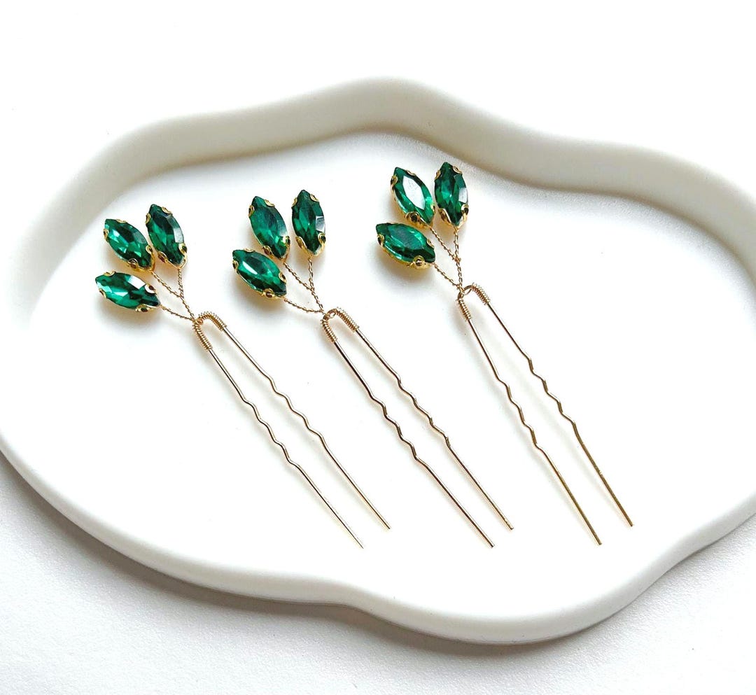 Emerald Green Rhinestone Hair Pins: Gold Wedding Hair Jewelry (set of 3 ...