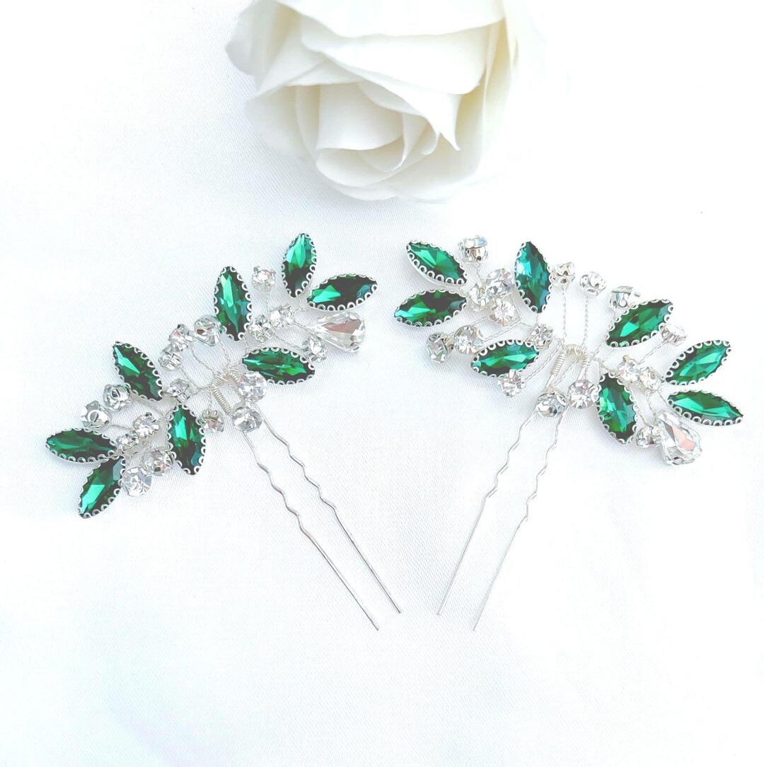 Emerald Green Rhinestone Silver Hair Pins: Bridal Crystal Hair Slides ...