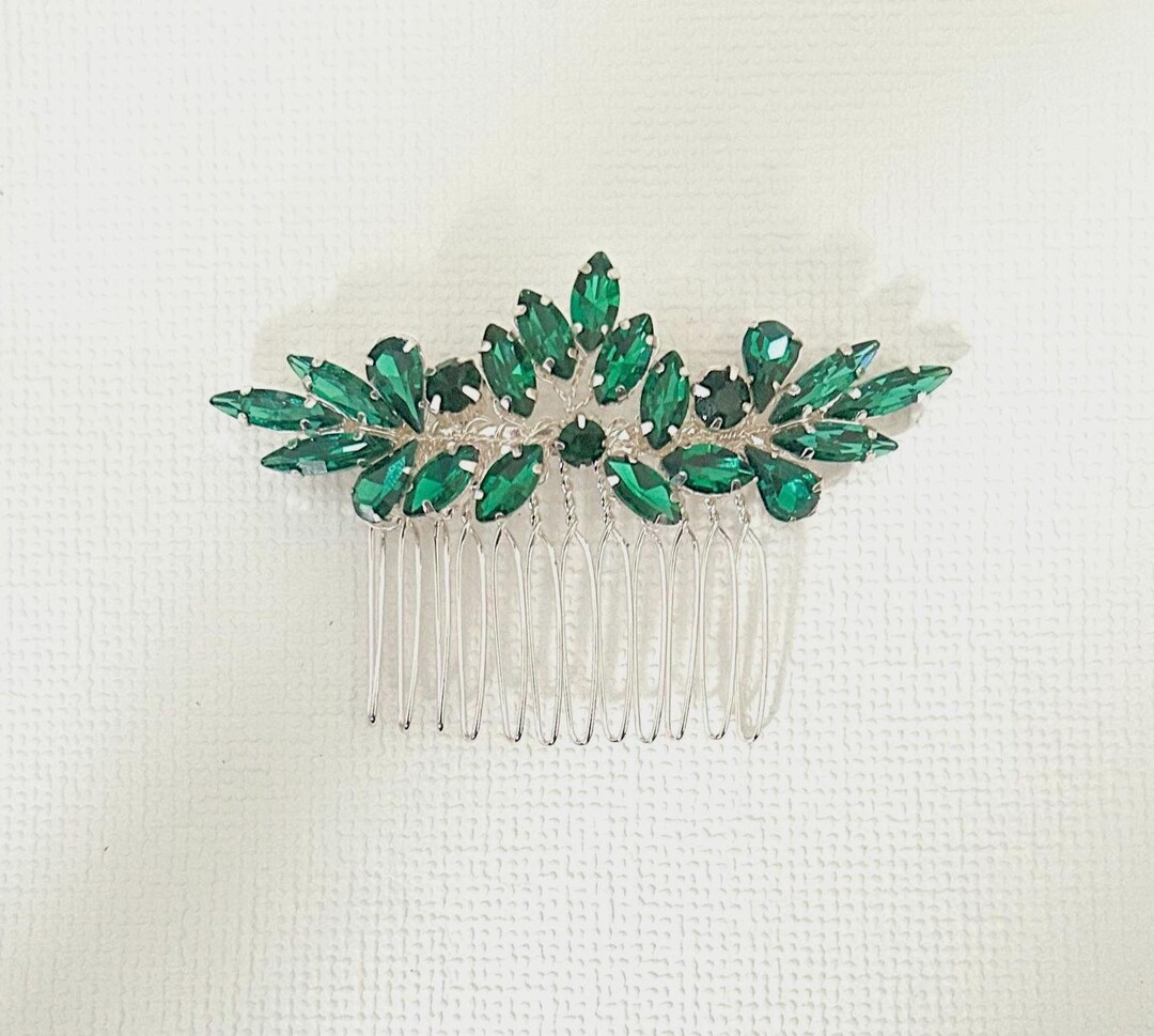Dark Green Crystal Hair Comb, Emerald Gold Metal Hairslide, Wedding ...