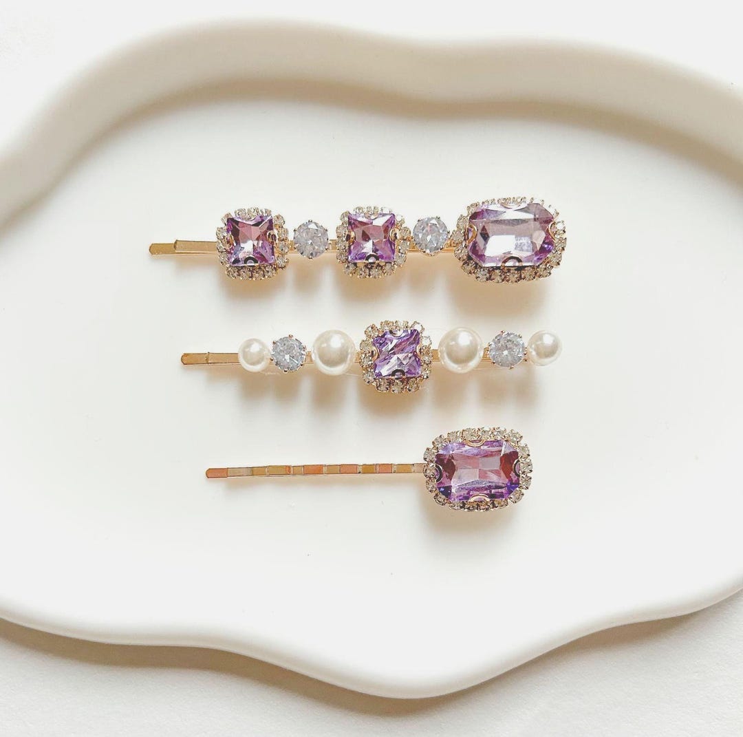 Lilac Rhinestones Hair Pins Wedding Gold Pearl Diamante Bobby Pins